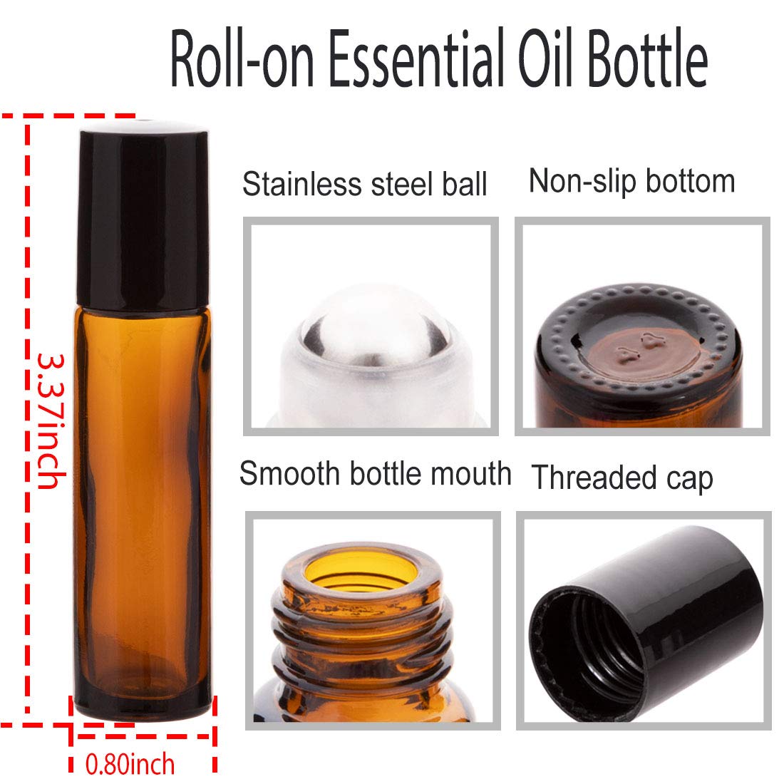 ZIZEMOJA 6Pcs 10ml Essential Oil Roller Bottles, with Stainless Steel Roller Balls, 10ml Amber Glass Roll on Bottles for Essential Oils, 1 Extra Roller Ball, 6 Labels, 1 Openers, 2 Droppers Included