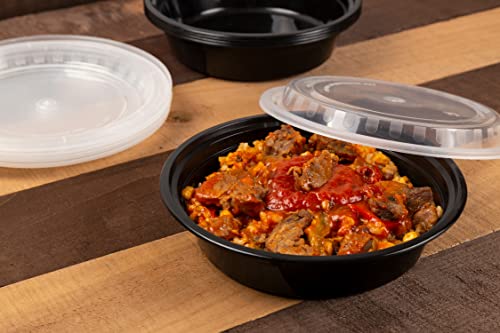 AmerCare 7 Inch Round Black Plastic Containers with Lids, 32 Ounces for Microwave or Freezer, Pack of 150
