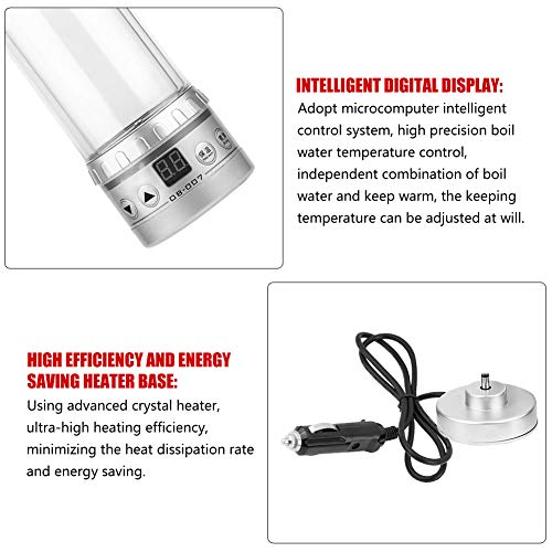 12V 24V Car Electric Kettle Travel Heated Cup Water Heater for Auto, Portable Boil Water, Tea, Coffee, Milk, 280ml Capacity, Black (Silver)
