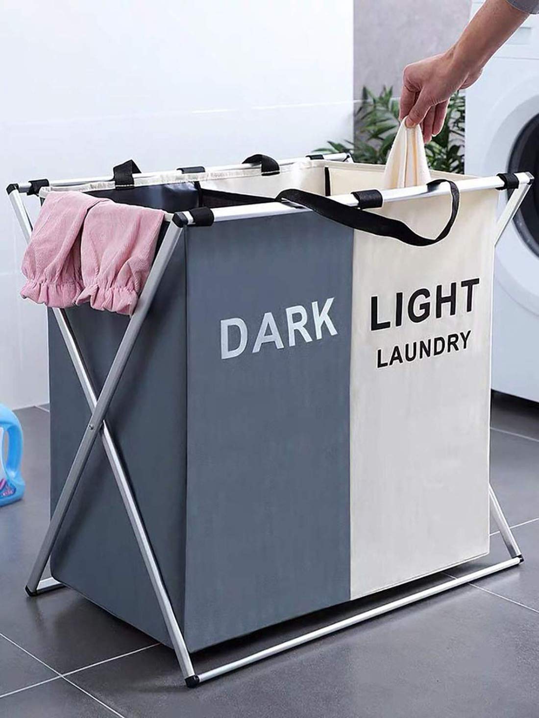 125L Laundry Basket Clothes Hamper Organizer Sorter Storage Foldable 2 Sections Hampers with Aluminum Frame (24x 15x 23 inches) Washing Dirty Cloth Bag for Bathroom Bedroom Garage (white gray)