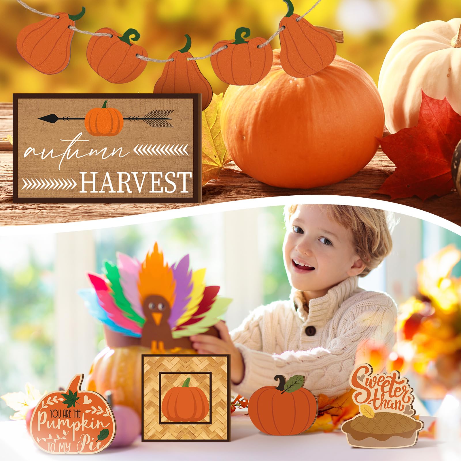 12 Pieces Fall Tiered Tray Decor Set Welcome Autumn Pumpkins Tray Decor Hello Autumn Maple Leaf Wood Table Decor Thanksgiving Decorations for Holiday Fall Farmhouse Home Centerpiece (Novelty Style)