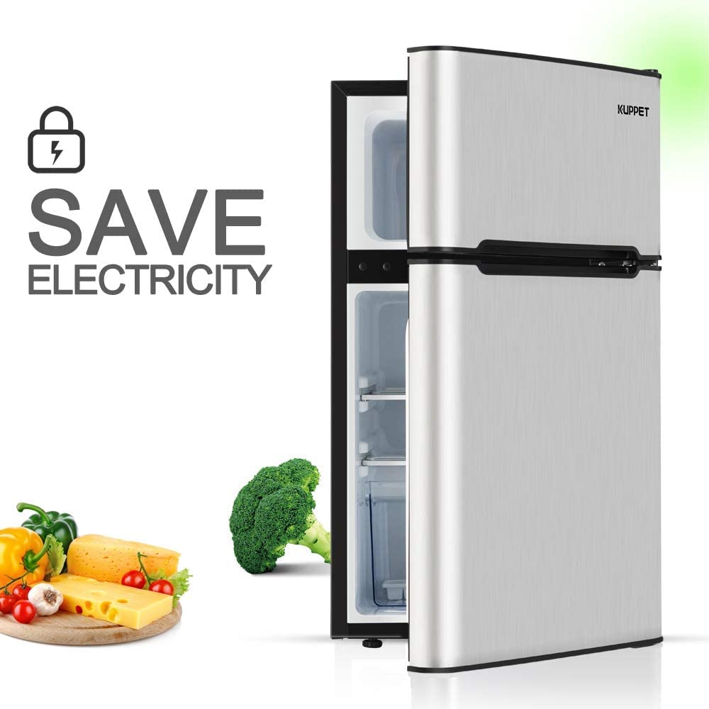 3.2 Cubic Feet Mini Compact Refrigerator Double Door Mini Fridge Small Drink Food Storage Machine,Silver