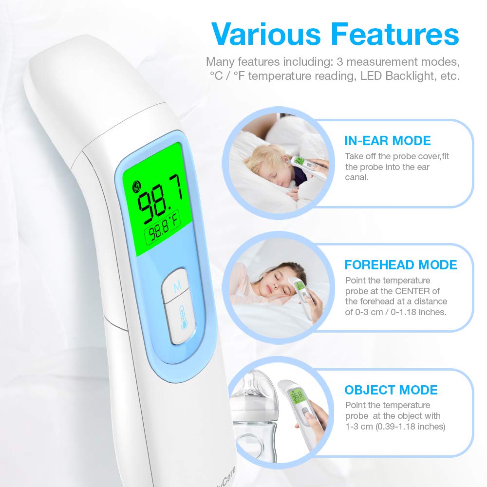 CandyCare Touchless Smart Infrared Thermometer with LCD Digital Screen (3-in-1 Measurement) for Adult and Kid, Temperature Gun Reading Detection on Forehead and Ear (Battery NOT Included)