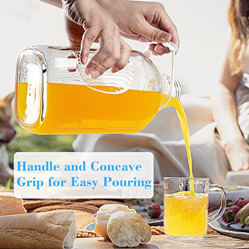 4 Pack 2 Qt Glass Milk Bottles with Airtight Reusable SCREW LID - 64 Oz Glass Juice Bottles, 1/2 Gal Glass Water Bottles, Glass Milk Jug Pitcher with 2 Exact Scale Line, Extra Free 4 Lid and 8 Handle!