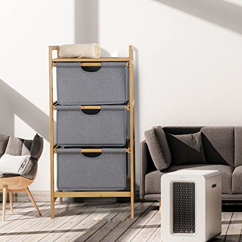 3-Tier Organizer Storage Shelf with Bamboo Frame and Pull Out Fabric Baskets Storage Drawers Unit,Laundry Towel Hamper Cabinet Tower Three Part Compartment Sorter Basket (3-Tier,Style 1)