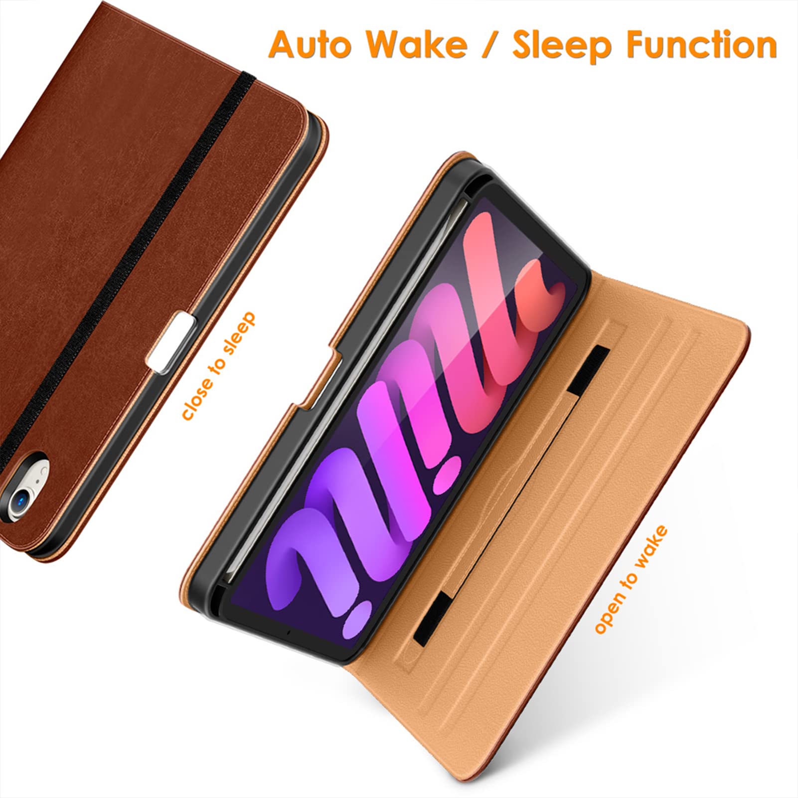 DTTO for iPad Mini 7th/6th Generation Case 8.3 Inch 2024/2021, Premium Leather Business Folio Stand Cover for iPad Mini 7 (A17 Pro) / Mini 6 with Pencil Holder-Multiple Viewing Angles, Brown