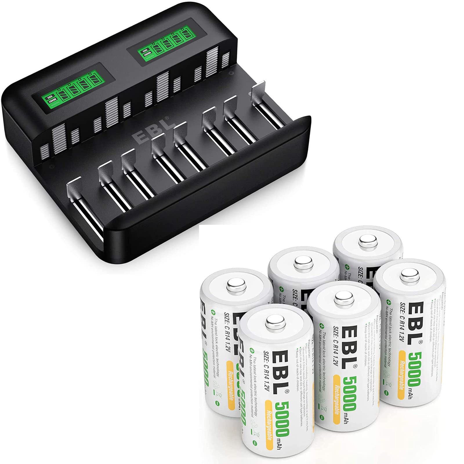 EBL LCD Universal Battery Charger - 8 Bay AA AAA C D Battery Charger for Rechargeable Batteries Ni-MH AA AAA C D Batteries with C Rechargeable Batteries 6 Pack