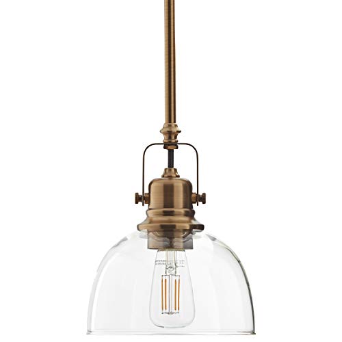 Amazon Brand – Stone & Beam Vintage Ceiling Pendant Lighting Fixture With Light Bulb And Clear Glass Shade - 7 x 7 x 17.25 Inches, 11.75 - 59.25 Inch Cord, Gold