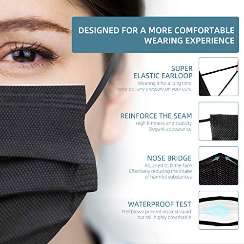 Black Disposable Face Masks, Individually Wrapped Black Face Masks for Women, Disposable Face Mask for Men, Breathable Comfortable Cool Dust Mask with Nose Wire Ear Loop for Adults Teen Girls Working Out, 3 Ply 50PCS