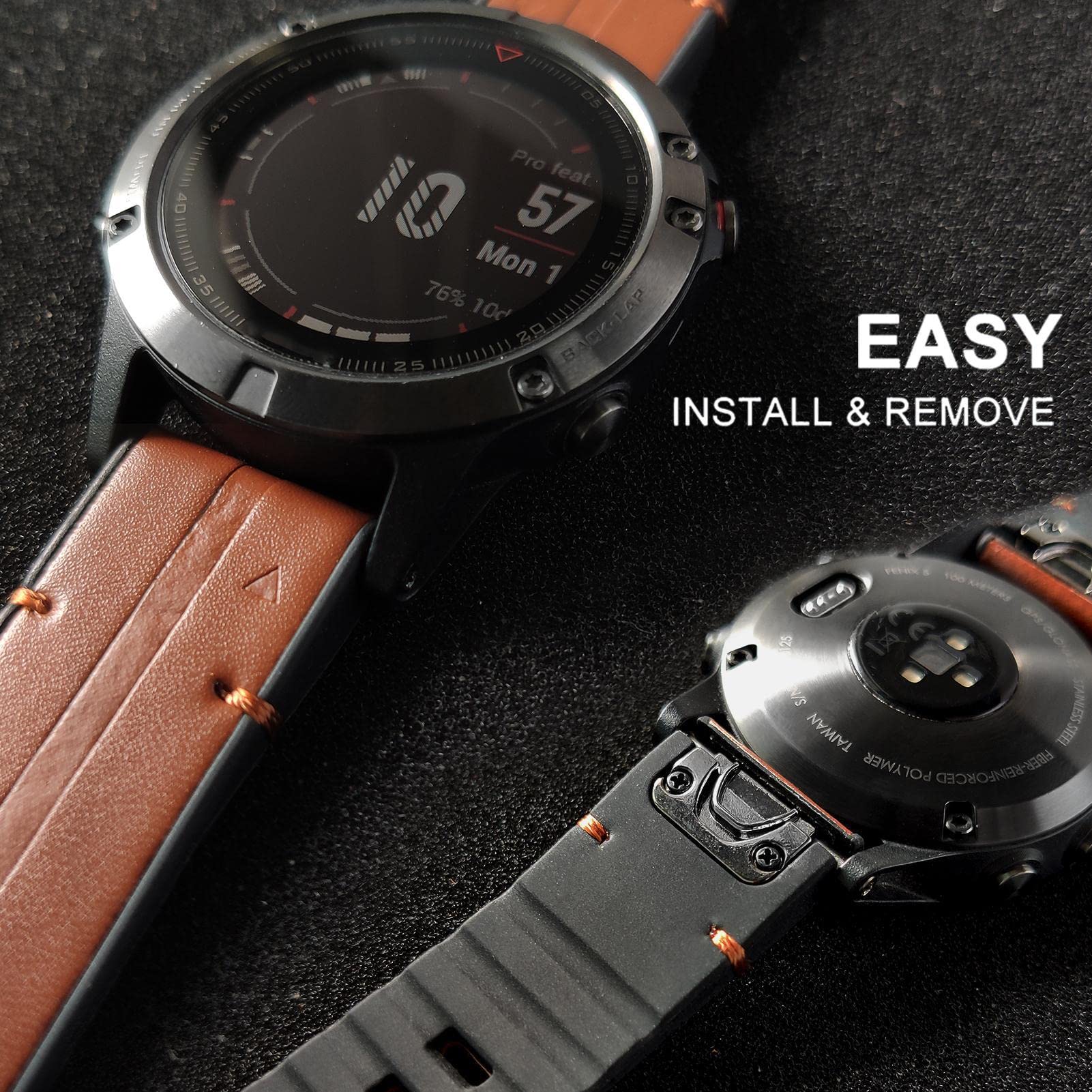 Abanen Genuine Leather Watch Band, QuickFit 22mm, Soft Sweatproof Silicone for Garmin Fenix 6/5/7, Instinct, EPIX 2, Approach S62/S60, Brown