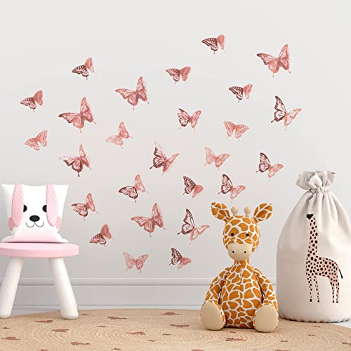 WALPLUS 52 Pcs Rose Gold Realistic 3D Butterfly Wall Decals Removable DIY Home Birthday Cakes Wedding Decorations Art Decor Wall Stickers Murals Nursery Baby Bedroom TV Background Living Room