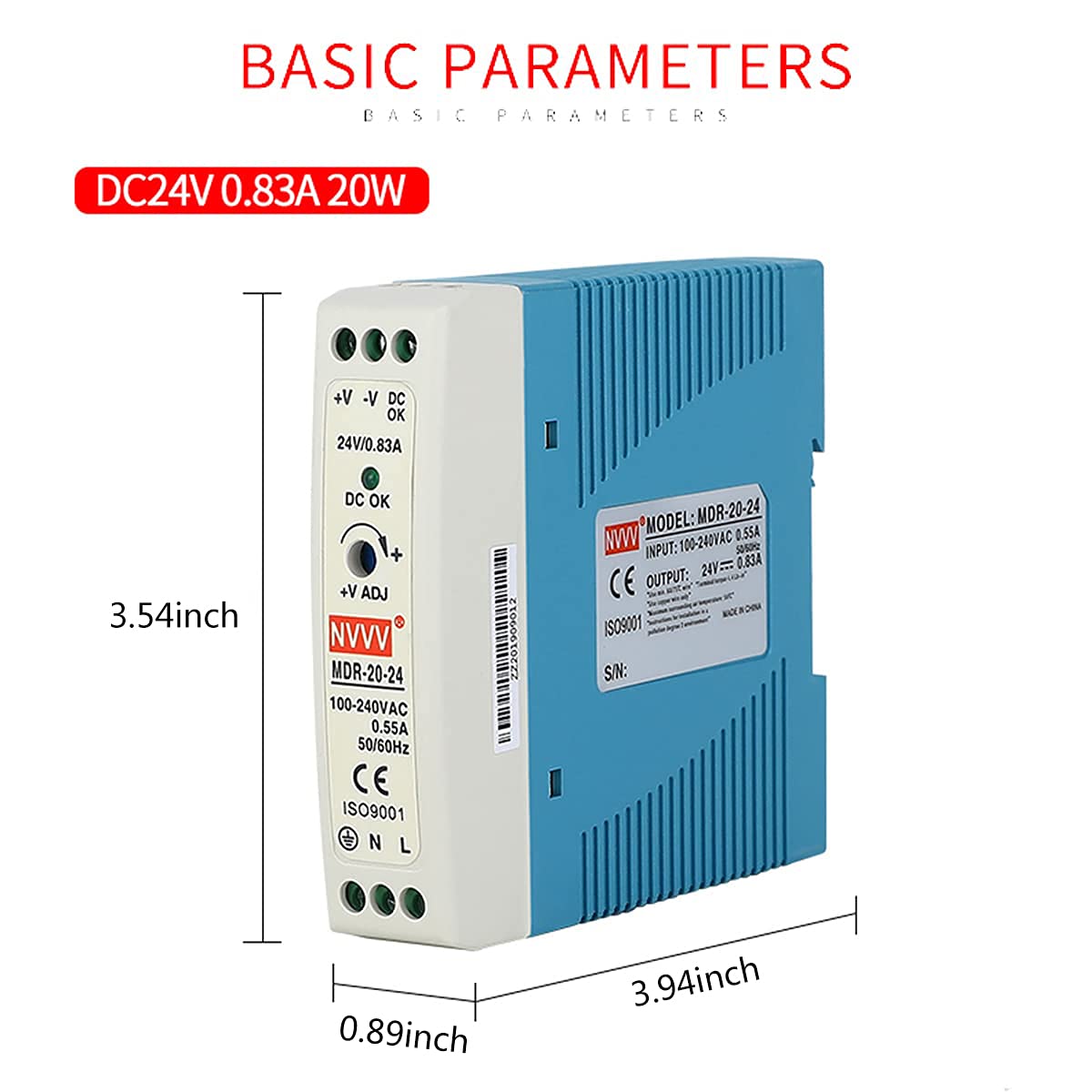 NVVV MDR-20-24 AC to DC DIN-Rail Power Supply, 24V, 1 Amp, 24W, 1.5"