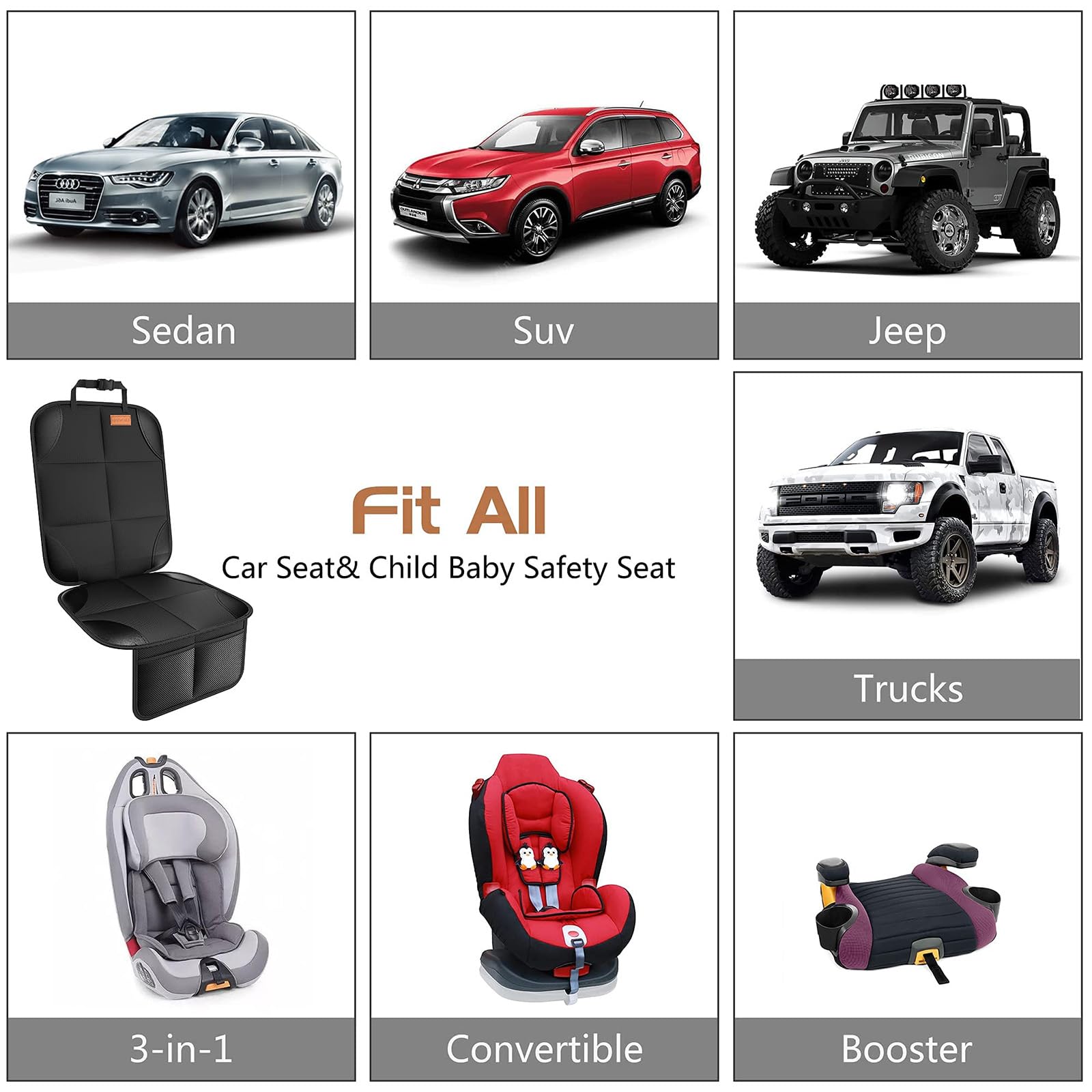 Car Seat Protector, [1 Pack] Large Auto Car Seat Protectors for Child Seats with Thickest Padding and Non-Slip Backing Mesh Pockets for SUV, Sedan, Truck, Leather and Fabric Car Seat - Black