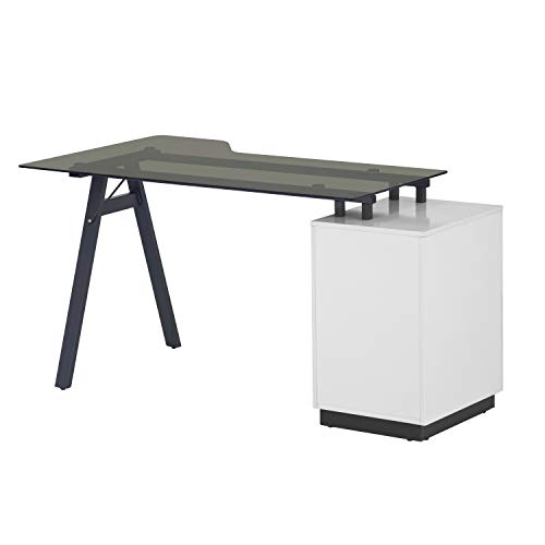 Techni Mobili Modern Smoke Tempered Glass top & Storage Home Office Computer Writing Desk Workstation with Two Cupholders and a Headphone Hook-Pine, 59.5" D x 29.25" W x 29.5" H, White