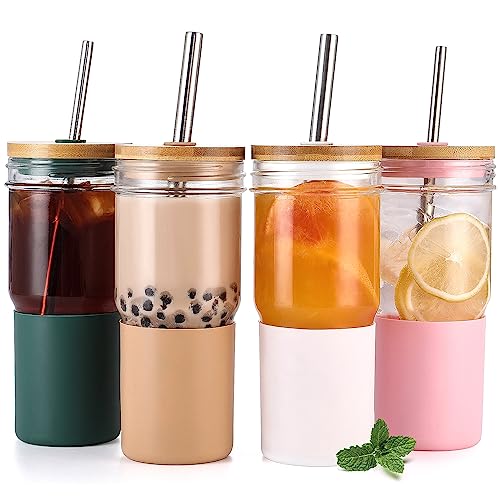 4 Pack Glass Cups with Lids and Straws, 22oz Mason Jar Glass Tumbler, Smoothie Cup with Silicone Sleeve, Reusable Boba Cup, Modern Cute Iced Coffee Cup, Drinking Glasses for Tea, Juice, Soda, Cocktail