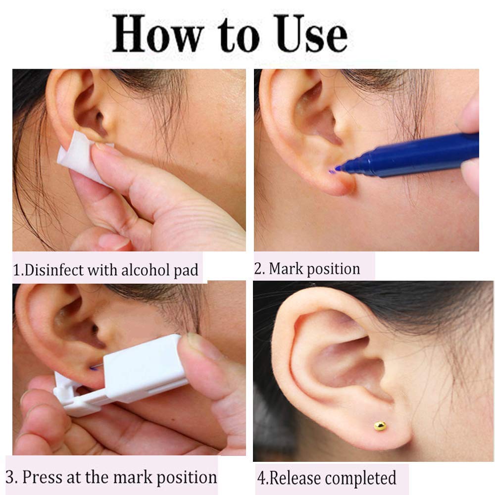 AM RONG MAGIC 2 Pack Self Ear Piercing Gun Earring,Disposable Piercing Kit No Pain Easy Use Ear Piercing Gun Kit Tool with Stud and With Alcohol Pad (3mm Gold Peas) …