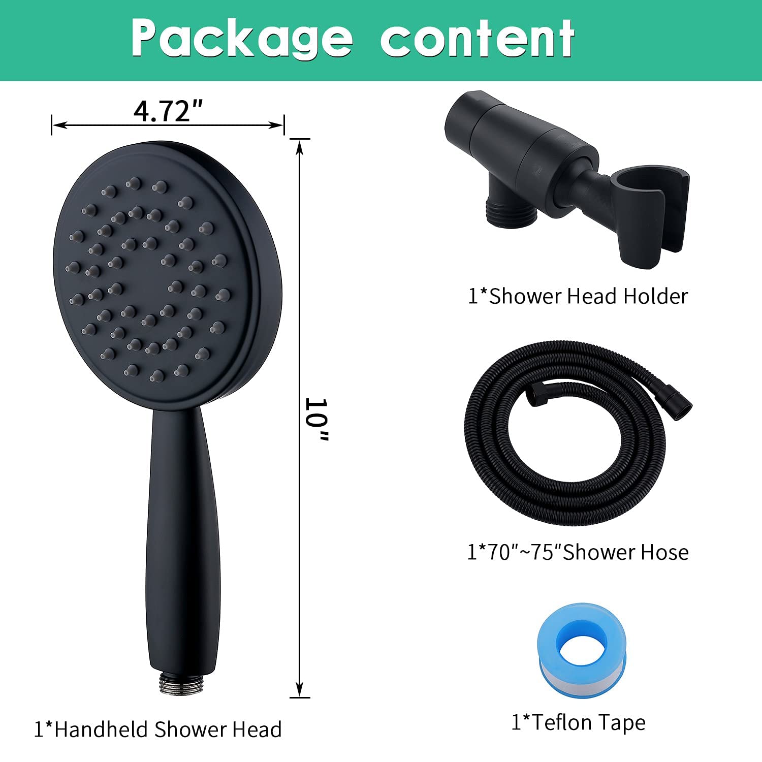 100% Metal Hand Held Shower Head with 70'' Hose and Holder | Made with Stainless Steel and Brass | High Pressure Handheld Showerhead, Adjustable Bracket,Extra Long Flexible Hose (Matte Black)