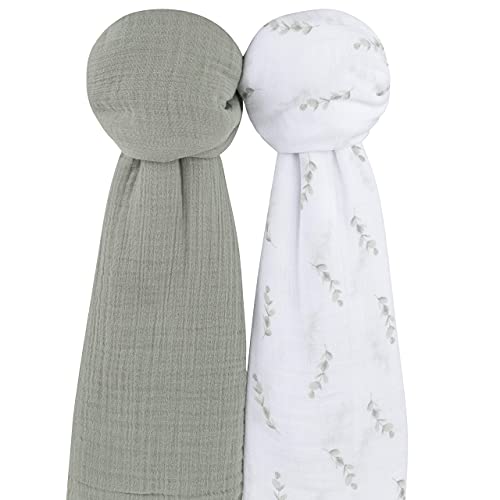 Ely's & Co. Muslin Swaddle Blanket 2-Pack β 100% Cotton Muslin Extra-Large Swaddle Blankets (47β x 47β) Watercolor Eucalyptus Print & Solid Sage