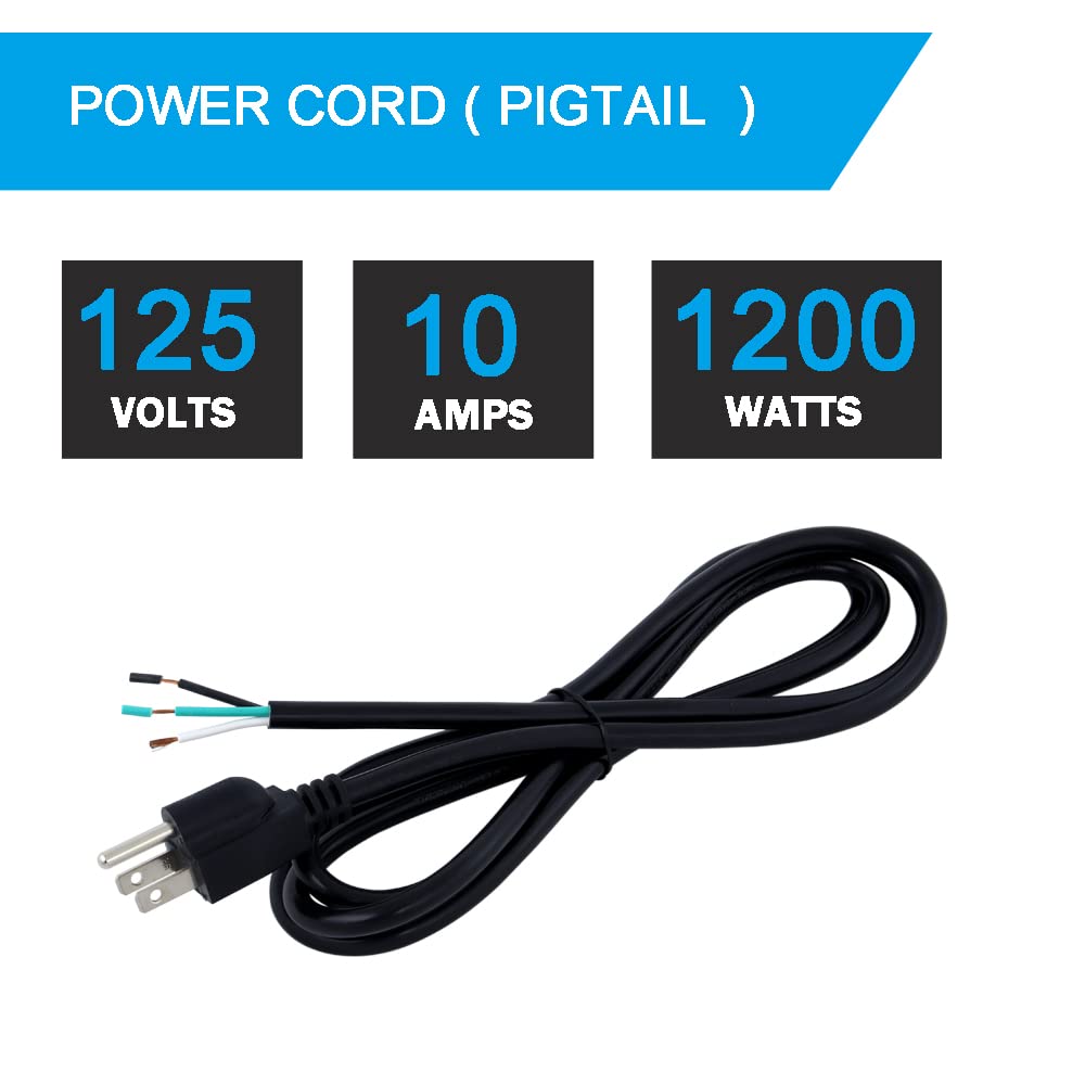 12FT 18AWG Power Cord Pigtail 3 Prong Open Wiring End Heavy Duty SJT Replacement Power Cord Cable NEMA 5-15P Male Plug, Power Cable 10A, 1200W at 120VAC