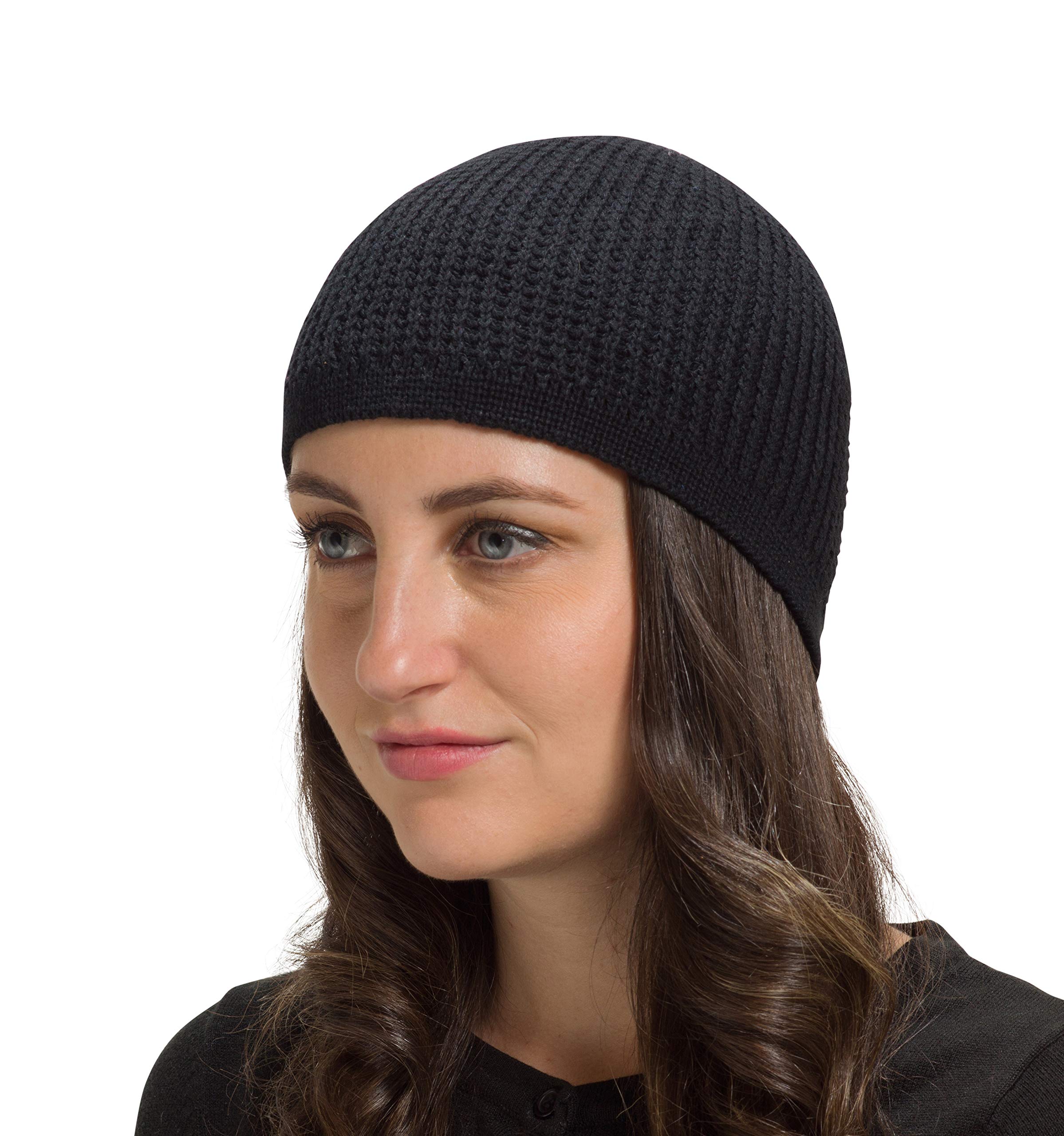100% Natural Cotton Beanie Skull Cap | Lightweight Single Layer Crochet Cooling Sleep Chemo Caps | Zigzag and Ribbed Patterns (Ribbed - Black)