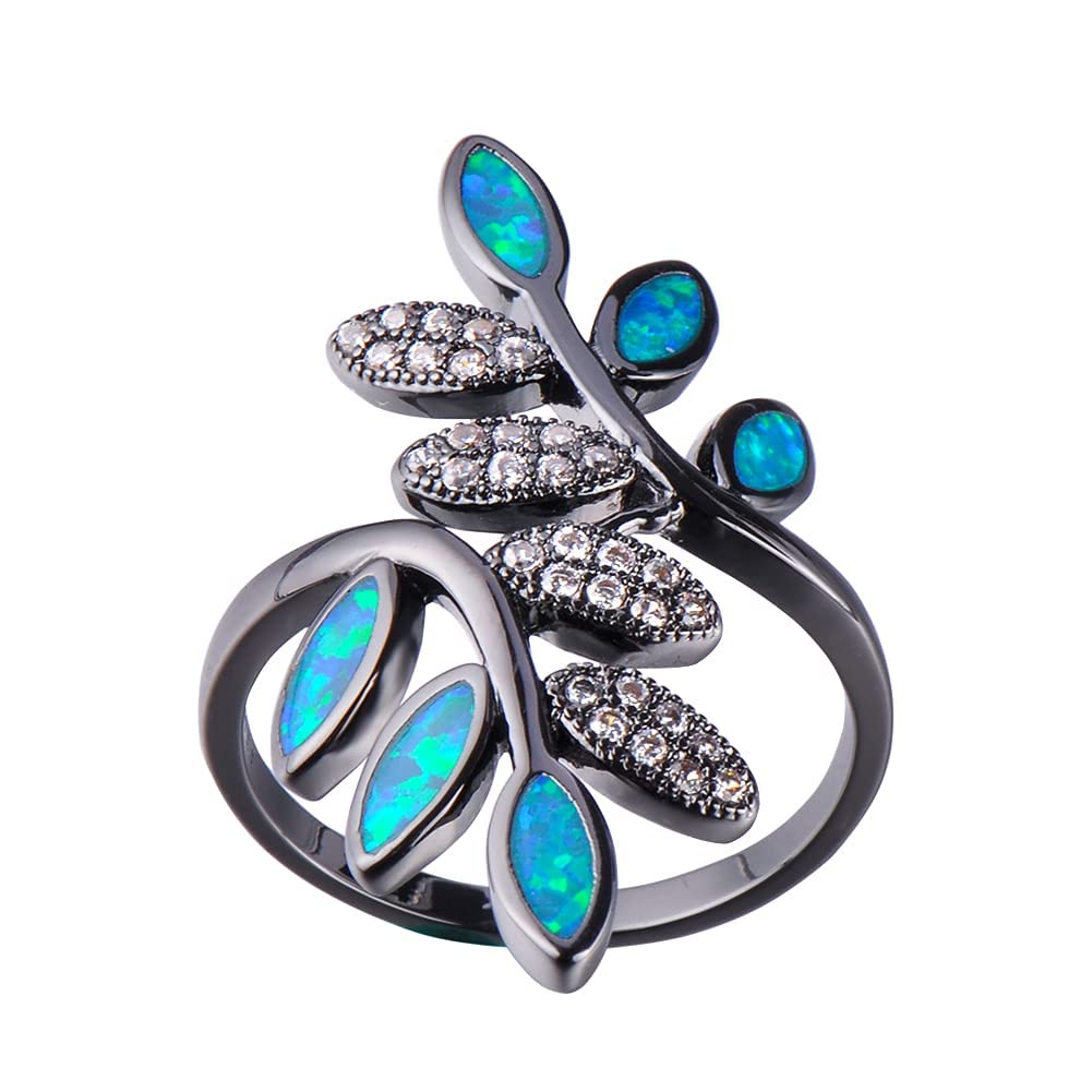 14K Black Gold Leaf Ring, Created Opal Ring Mounted with Cubic Zirconia, 925 Sterling Silver Statement Ring for Women Teen Girls, Size 6 7 8 9 10 (White Opal, 7)