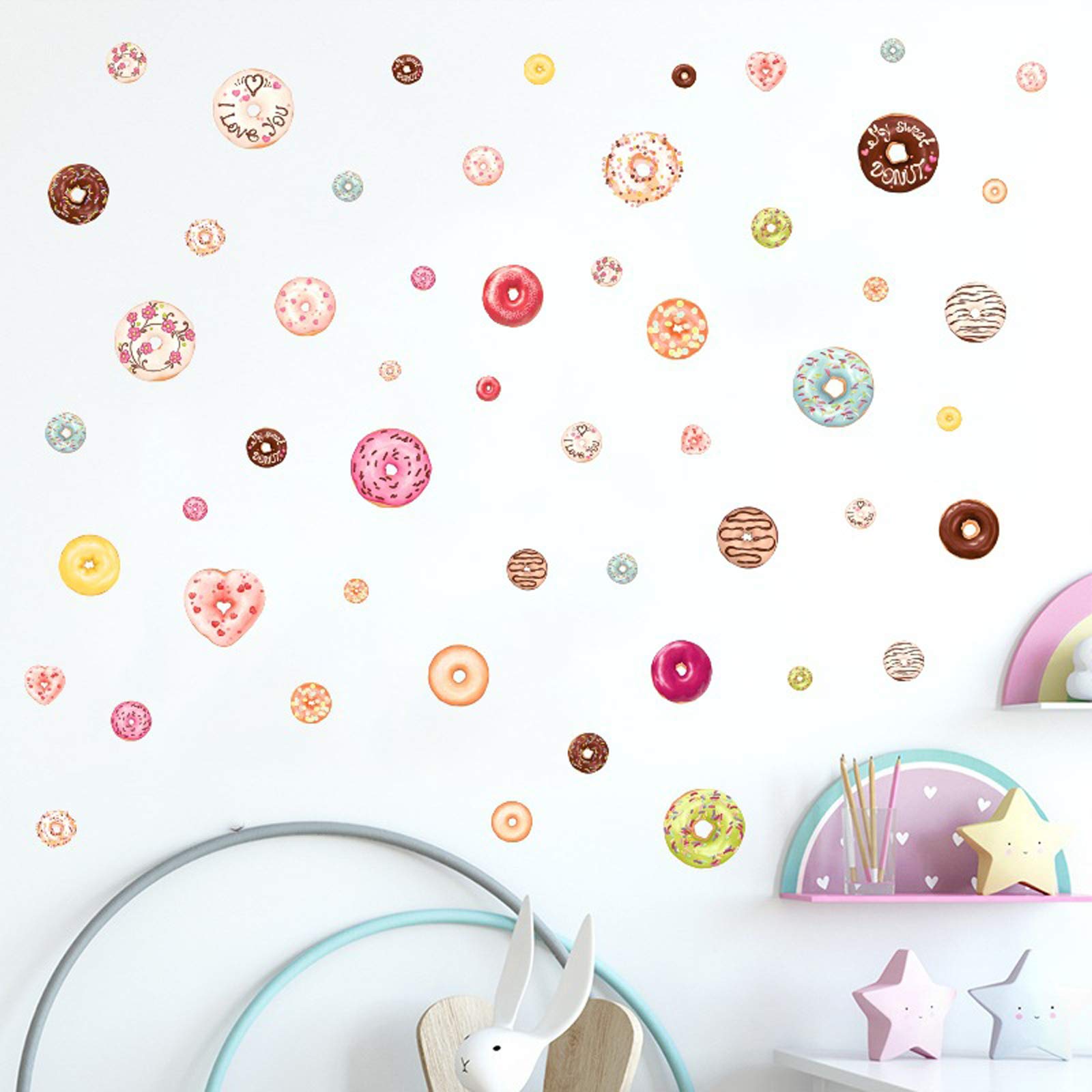 Maydahui 4 Sheet (48 Counts) Donuts Wall Decal Dessert Wall Stickers 11 inch Kawaii Food Decor Nursery Christmas Home Decorations