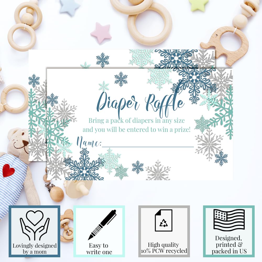 Amanda Creation Blue and Silver Snowflake Diaper Raffle Tickets for Boy Baby Showers, 20 2" X 3β Double Sided Insert Cards for Games, Bring a Pack of Diapers to Win Favors & Prizes!