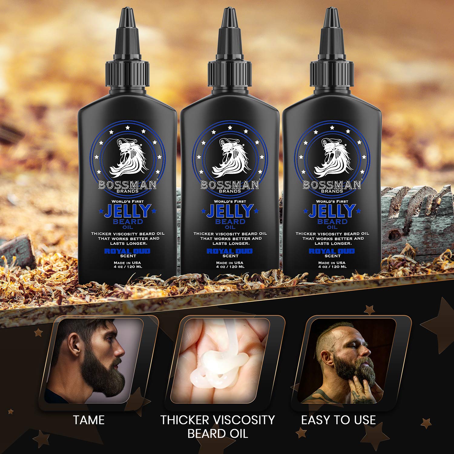 Bossman Jelly Beard Oil - Beard Growth Softener and Moisturizer Care - Larger 4oz, Bottle - 3 Pack Kit - Made in USA (Royal Oud Scent)