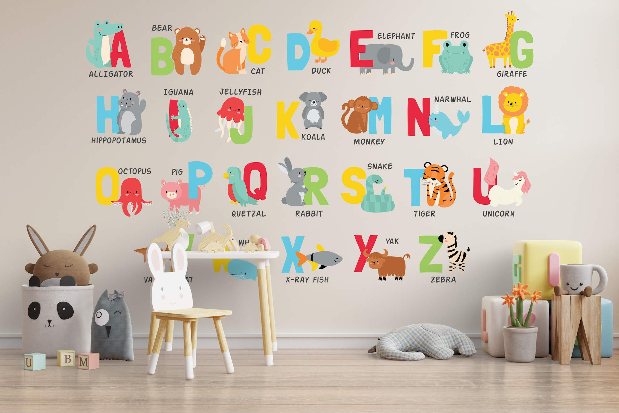 Mienno Alphabet Wall Decals, Animal Alphabet Wall Stickers for Kids Room, Nursery Room, Classroom, Removable Vinyl Animal Alphabet Stickers Decals