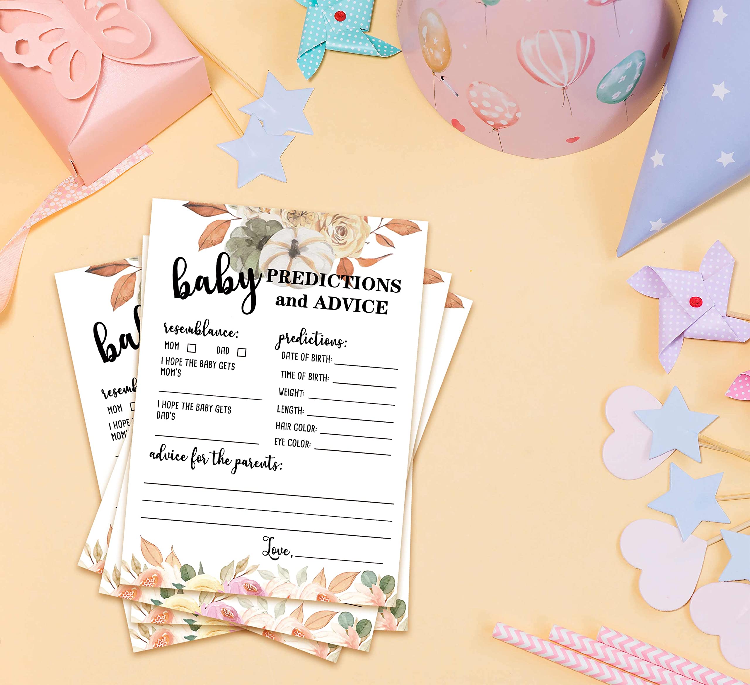 30 Double Side Baby Prediction And Advice Game Cards, Floral Pumpkin Thanksgiving Day Baby Shower Game Cards - 5" x 7"(01)