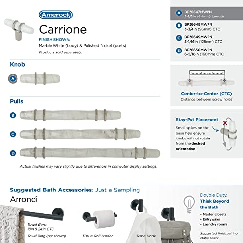 Amerock | Cabinet Knob | Marble White/Polished Nickel | 2-1/2 inch (64 mm) Length | Carrione | 1 Pack | Drawer Knob | Cabinet Hardware
