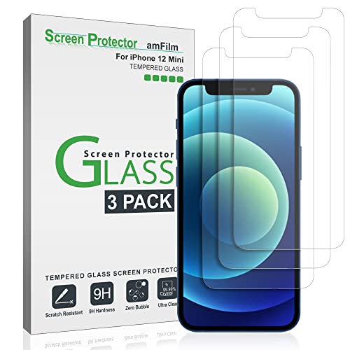 amFilm Glass Screen Protector Compatible with iPhone 12 Mini 5.4" Display, 2020, with Easy Installation Tray, Tempered Glass, 3 Pack