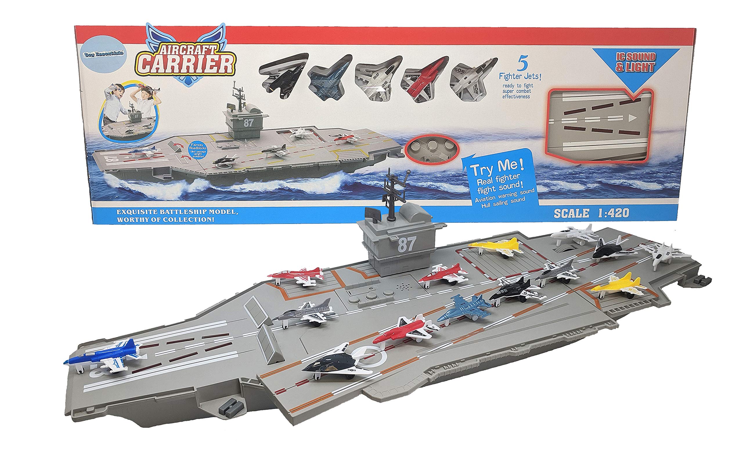 30 Inch Aircraft Carrier with Sound Effects and Light Up Runway (14 Fighter Jets)