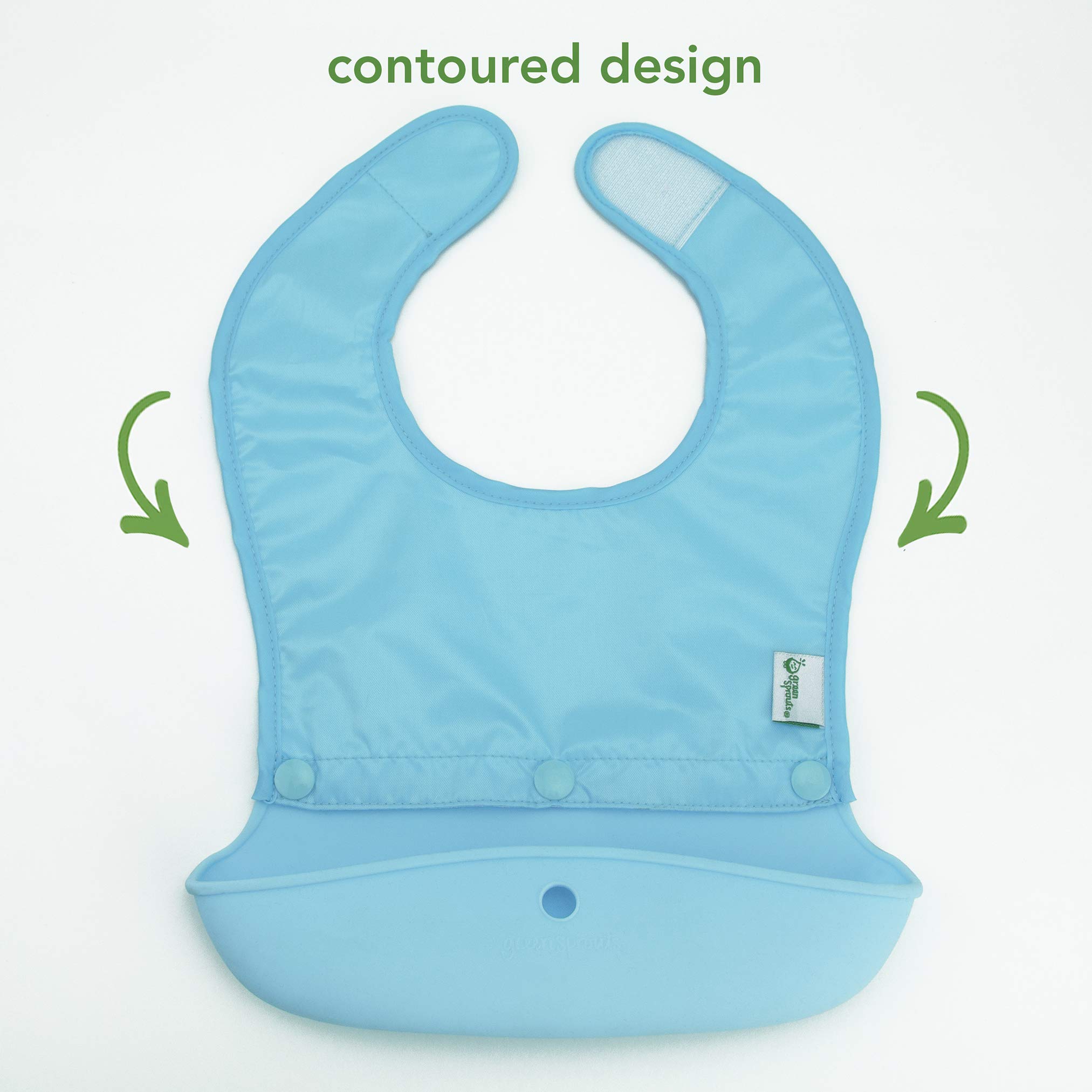 green sprouts Snap & Go Silicone Food-Catcher Bib, Soft, Waterproof Top + Scoop, Roll Up for Easy Travel, Made Without PVC, Formaldehyde, AZO Dyes, Pink, One Size