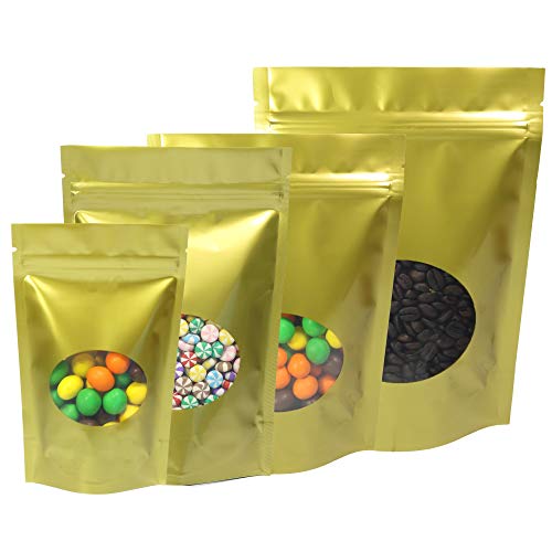 Double-Sided Matte/Glossy Color with Clear Round Window Stand-Up Pouch (6.3" x 8.7", Glossy Gold | 100 Bags)