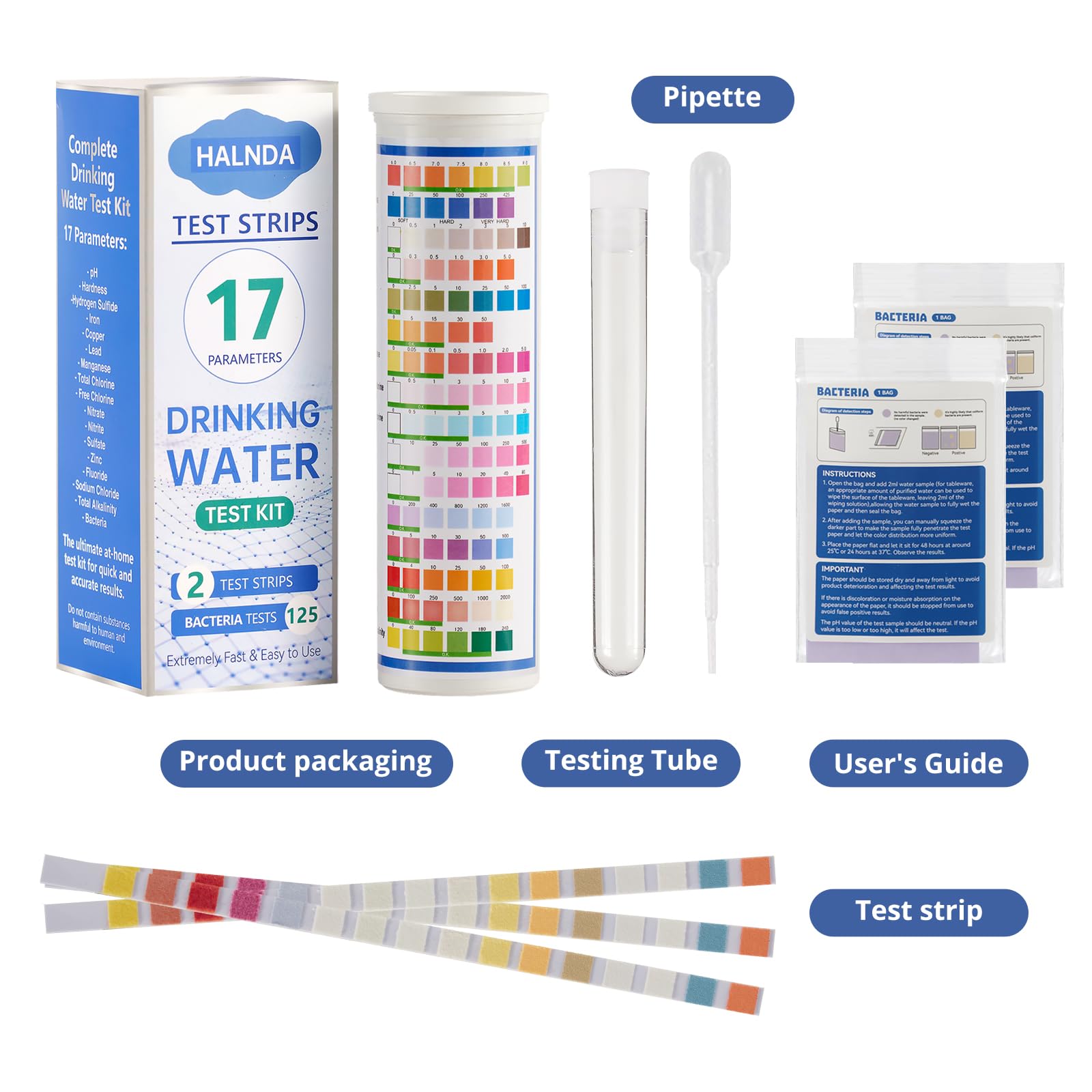 17 in 1 Drinking Water Test Kit-125 Strips+2 Bacteria Tests,Home Water and Well Water Testing Kit,pH, Hardness, Chlorine, Lead, Iron, Copper, Nitrate, Nitrite Test Kit