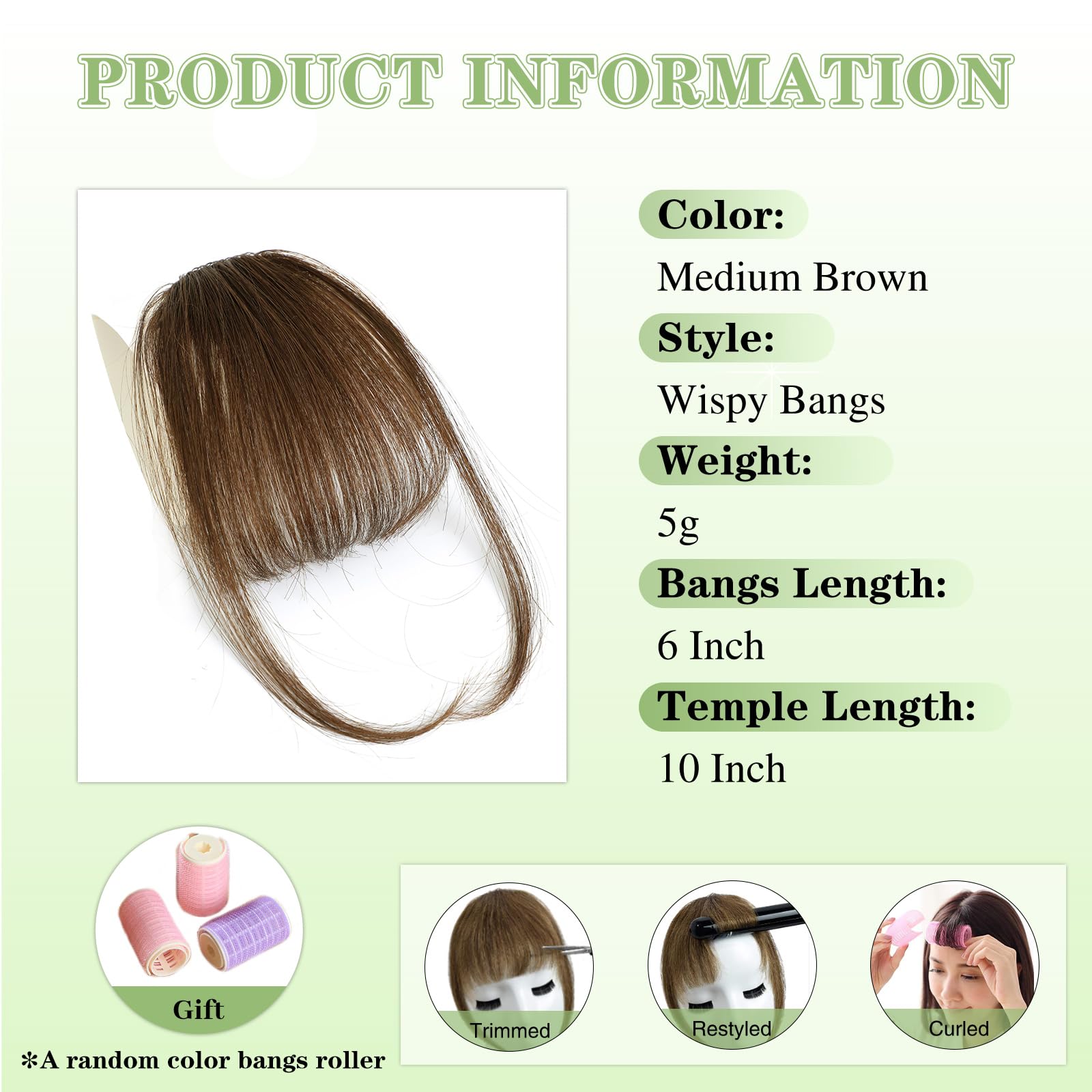 100% Human Hair Bangs Clip in Hair Extensions, Medium Brown Clip on Bangs Wispy Bangs Fringe with Temples Hairpieces for Women Curved Bangs for Daily Wear