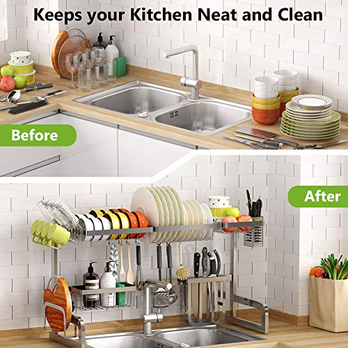 1Easylife Over The Sink Dish Drying Rack Adjustable 2-Tier Large Dish Dryer Rack for Kitchen Organizer Storage Space Saver Shelf Utensils Holder with 7 Utility Hook Tableware Drainer (Silver)