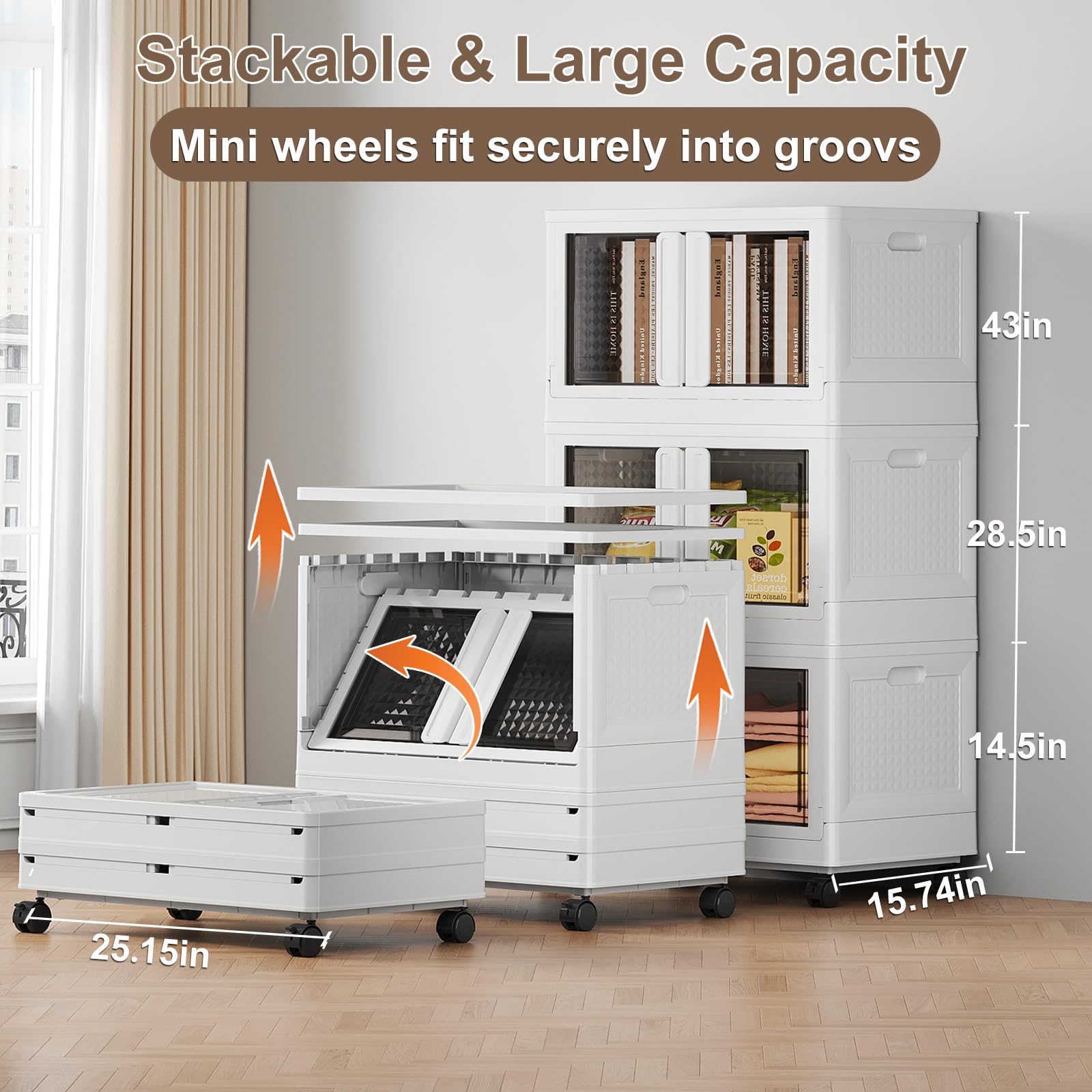 240 QT Storage Bins with Lids, Stackable Storage Bins with Wheels, Plastic Collapsible Storage Bins, Foldable Storage Cabinet Containers with Doors for Closet Dorm Garage Organizers, White