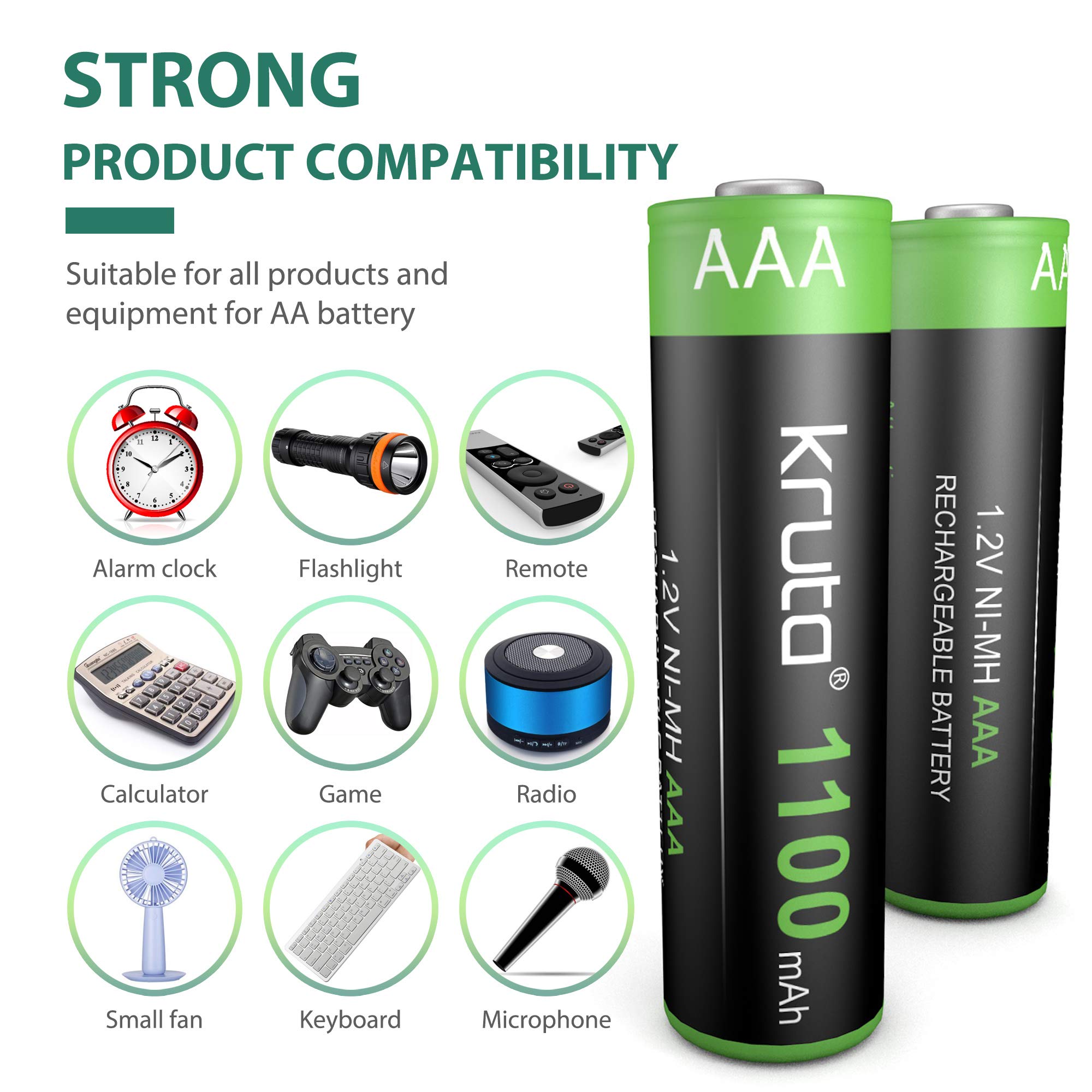 Kruta Solar Lights Batteries AAA 1100mah High Capacity 1.2V Ni-MH Rechargeable AAA Solar Battery for Outdoor Solar Lights, Battery String Lights, TV Remotes, Wireless Mouses (AAA1100 Pack 12)