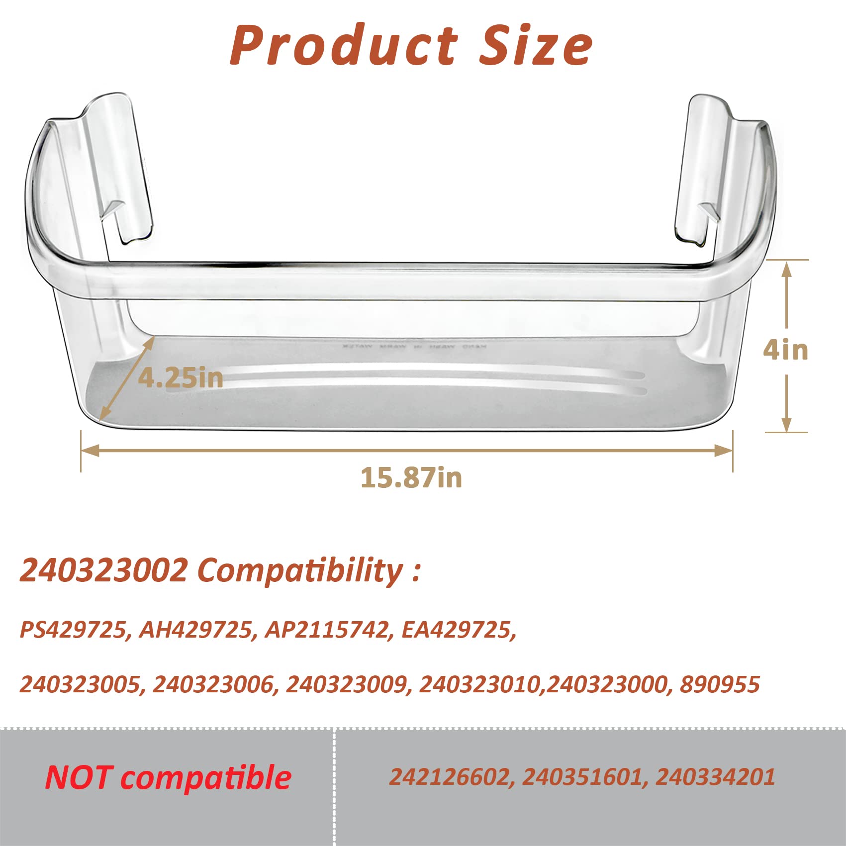 240323002 Refrigerator Door Bin Shelf Compatible with Frigidaire or Electrolux, Bottom Shelves, Clear, Replaces PS429725, AH429725, AP2115742,Single