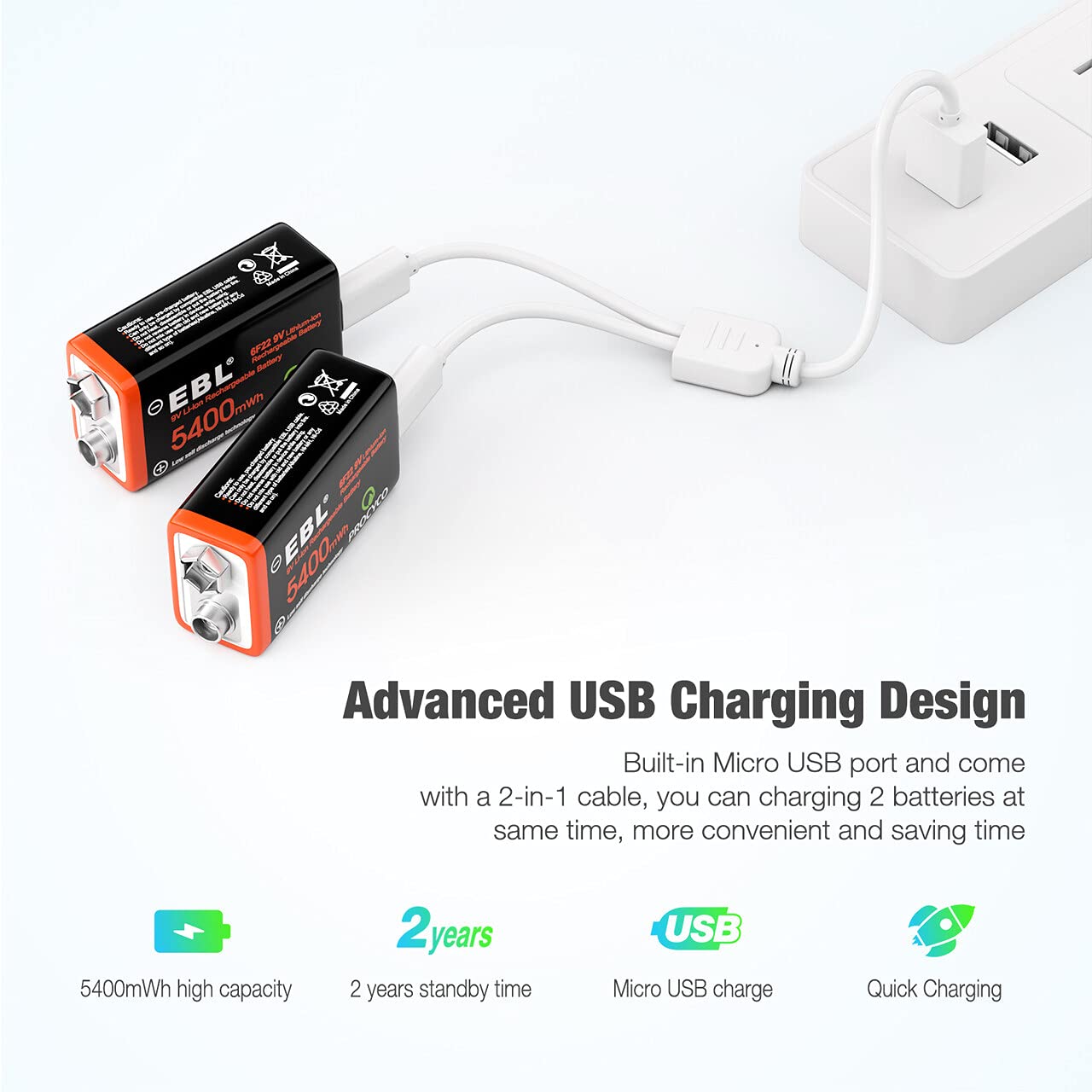 EBL Rechargeable 9V Lithium Batteries, 5400mWh USB 9 Volt Li-ion Batteries Long-Lasting(2 Pack)