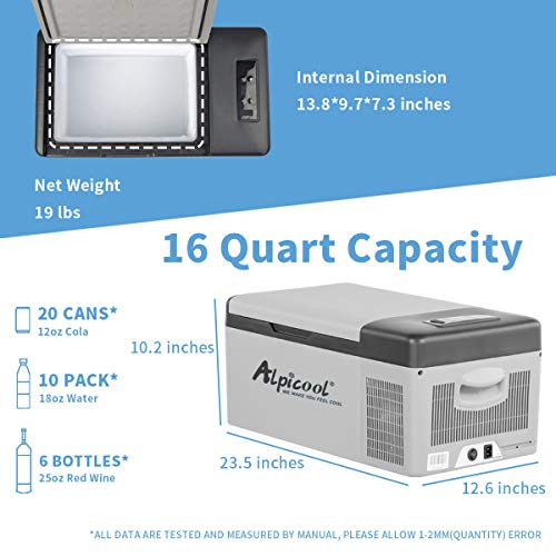 Alpicool C15 Portable Freezer,12 Volt Car Refrigerator, 16 Quart (15 Liter) Fast Cooling 12V Car Fridge -4℉~68℉, Car Cooler, 12/24V DC and 100-240V AC for Outdoor, Camping, RV, Truck, Boat