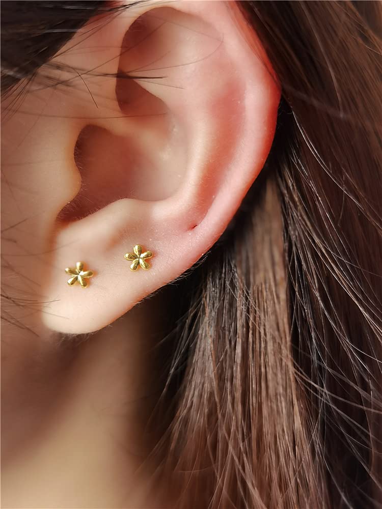 18G Tiny Flower Stud Cartilage Earrings for Women Girls 925 Sterling Silver Mini Cute Daisy 3mm Ball Barbell Screw Back Studs Sleeper Tragus Post Minimalist Hypoallergenic Piercing Body Jewelry (Gold)
