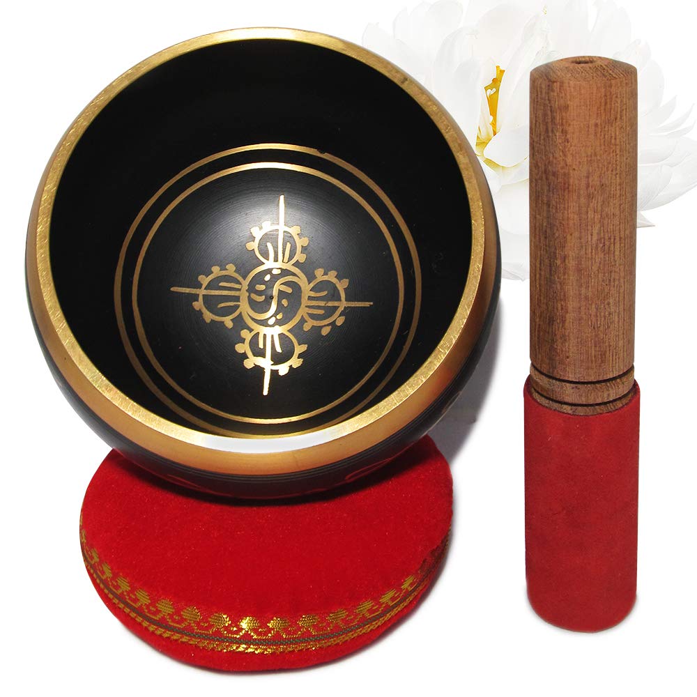 3"x5" Om Maa Padme Black & Gold Painted Tibetan Handmade Buddhist Singing Bowl Set & Wooden Striker, Great For Mindfulness Meditation, Relaxation Anxiety Relief, Chakra Healing, Perfect Spiritual Gift