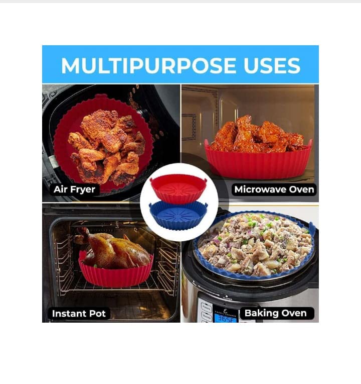 6.7 inch reusable silicone air fryer baskets; heat-resistant simple to clean. Silicone Pot for Air Fryer Oven Accessories, (Blue + Red)