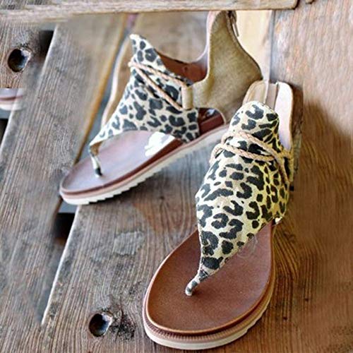 Bomden Womens Sandals, Flat Sole, Leopard Printed, Back Zipper, Summer Clip-Toe Shoes Comfy Sandals Flats Casual Beach Plus Size Flops Slippers Shoes, Khaki, Size:39 US:8 Foot Length:24.5cm9.65 inch