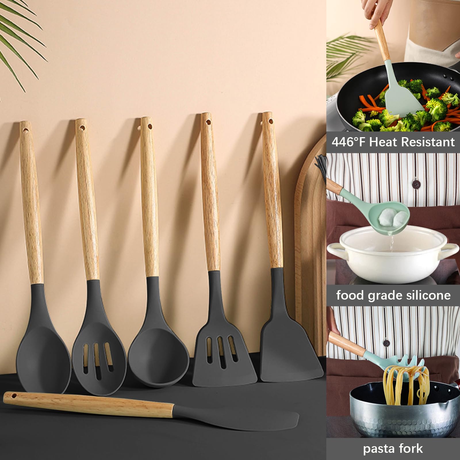 11 Pcs Kitchen Cooking Utensil Set - Silicone Cooking Tools with Wooden Handles,Turner,Tongs,Spatula,Spoon,Brush,Whisk,Holder,Kitchen Gadgets for Nonstick Cookware. (Grey)