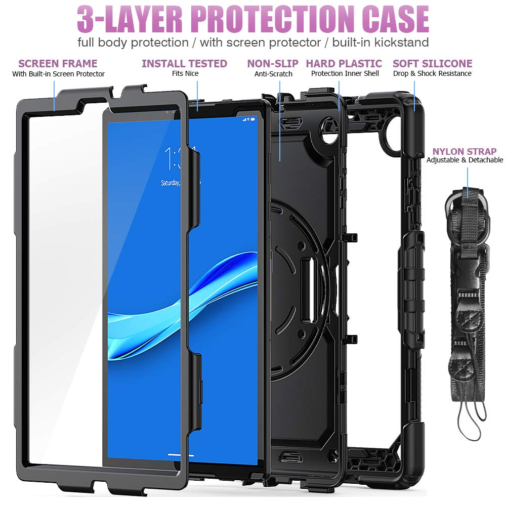 Case for Lenovo Tab M11 TB-331FC with Screen Protector Pen Holder | Herize Lenovo Tab M11 Case with 360 Rotating Kickstand Hand Grip Shoulder Strap | Black
