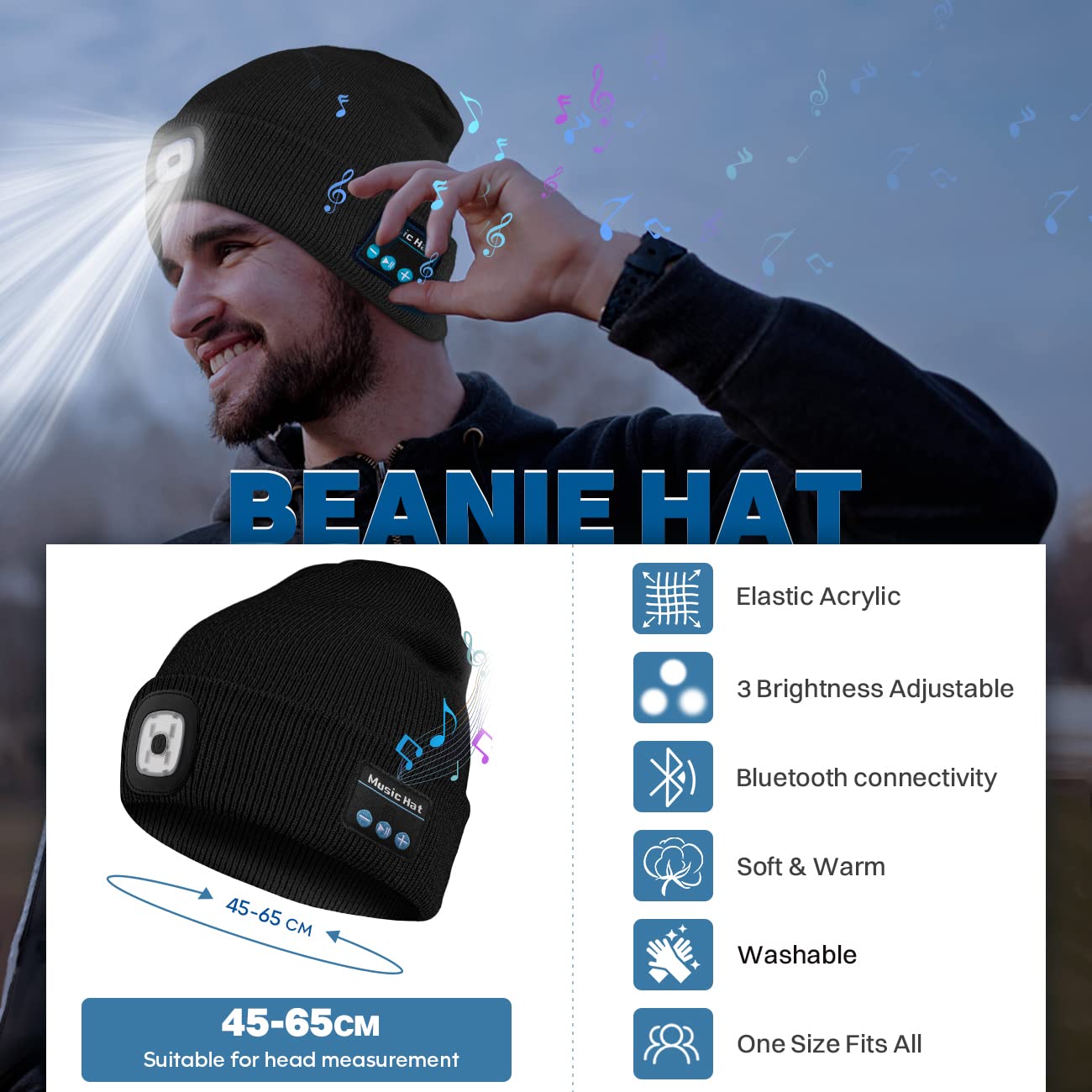 Bosttor Bluetooth Beanie Hat with Light, Headlamp Cap with Headphones and Built-in Speaker Mic, Gifts for Men Women Teen Army Green